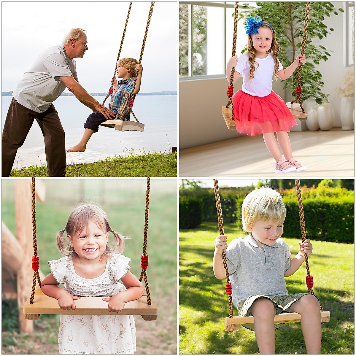 JUSTWOOD Tree Swing, Beech Swing Seat for Kids Adults with 400lbs Load, Wooden Swing Accessories with Adjustable Nylon Rope,Indoor Room Swing,Outdoor Wood Swing Set 16.9"x6.9"x1.7".