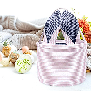 GFU Easter Basket, Seersucker Bunny Baskets for Kids, Eggs Hunt Bag with 2pcs Stickers, Cute Rabbit Ears Stripe Storage Bag, Children Personalized Easter Gifts