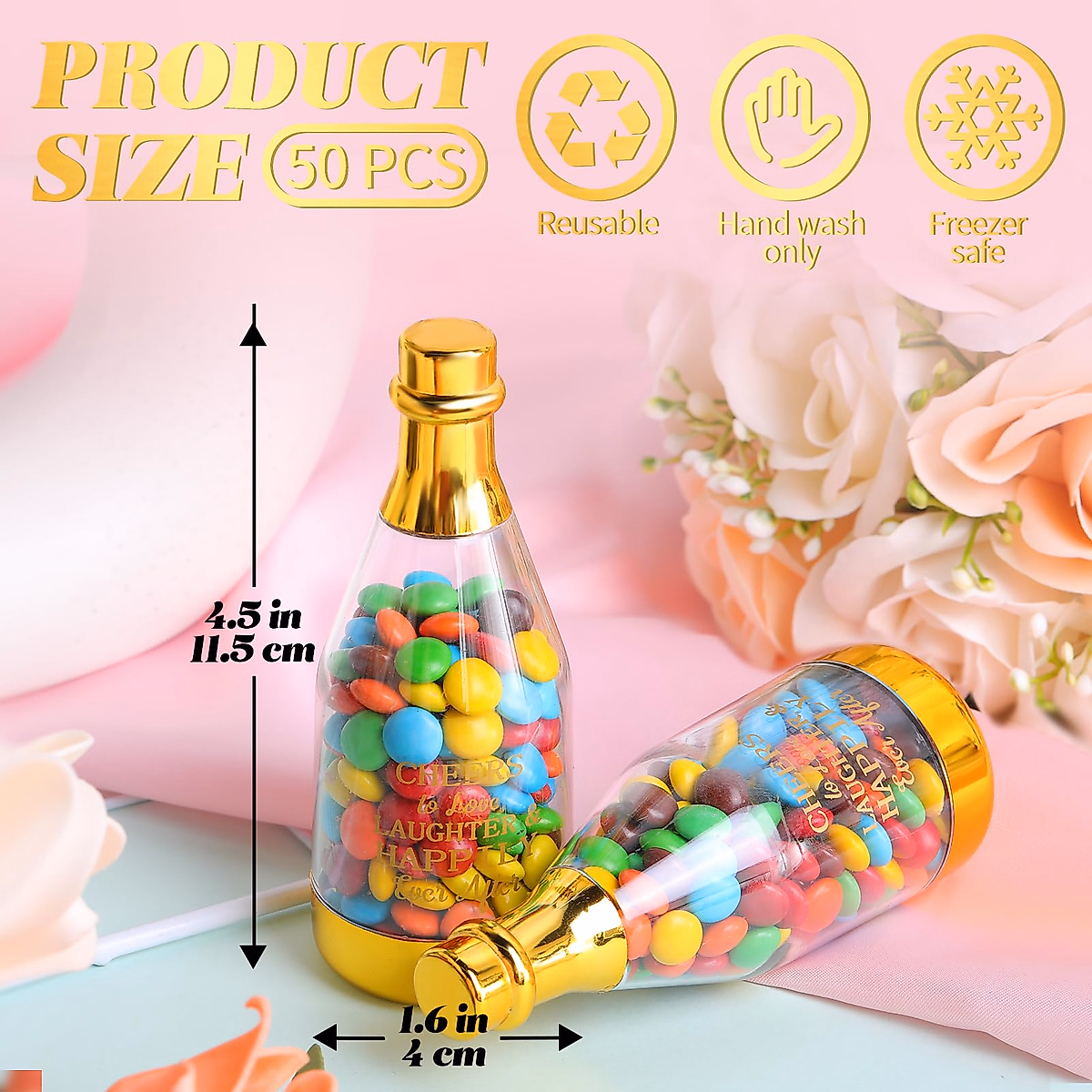 Ziliny 50 Pcs Metallic Golden Champagne Bottle Containers Candy Bottles Wedding Candy Box Bridal Shower Favors Plastic Wine Alcohol Containers Mini Champagne Bottles Bulk for Wedding Bridal Party