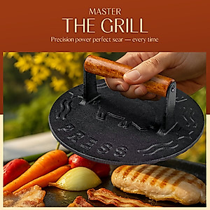 Bellemain Cast Iron Grill Press, Heavy-duty bacon press with Wood Handle, 8.5-Inch Round