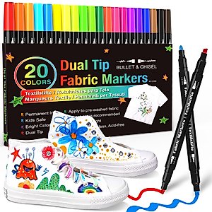 KERIFI Dual Tip Fabric Markers Permanent for Clothes, 20 Colors Fabric Decorating Paint Pens for Kids, T-Shirt Shoe Markers for Sneakers Clothing Canvas Textile Bibs Coloring Book (Chisel & Fine Tip)