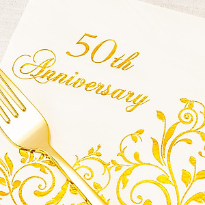Crisky Gold Foil 50th Anniversary Napkins Plates Cups Set for 50th Anniversary Party Decorations Party Supplies Tableware, Set of 24 (9" Plates,7" Plates, Luncheon Napkins, 9oz Cups)