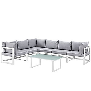 Modway Fortuna Aluminum 7-Piece Outdoor Patio Sectional Sofa Furniture Set with Cushions in White Gray