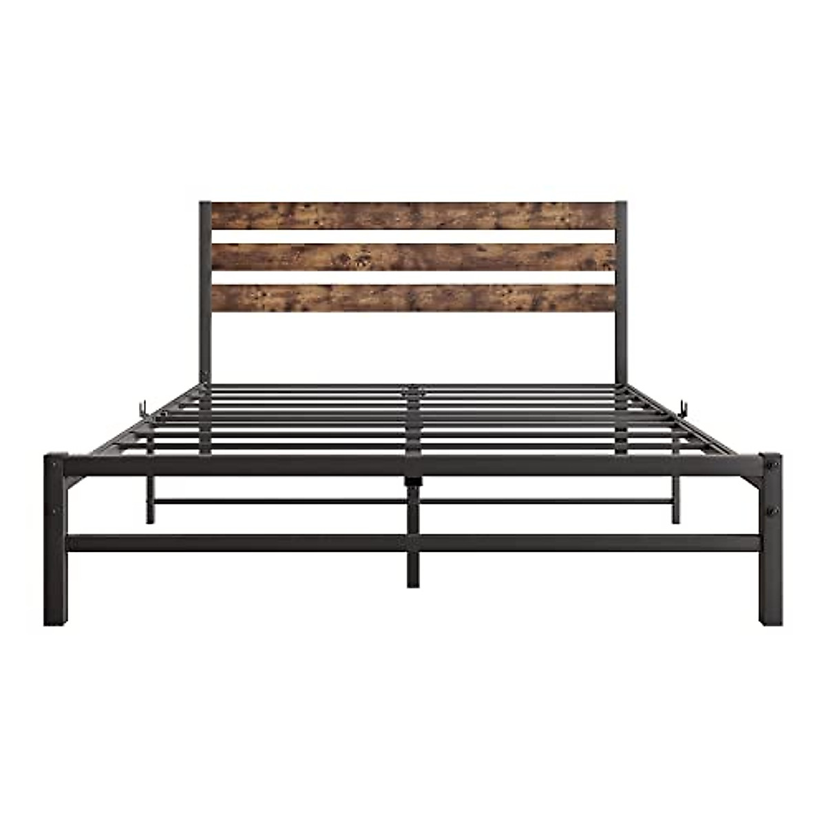 HAHRIR Platform Queen Bed Frame with Rustic Vintage Wood Headboard and Footboard, Mattress Foundation, Strong Metal Slats Support, Noise-Free，No Box Spring Needed，Brown+Black