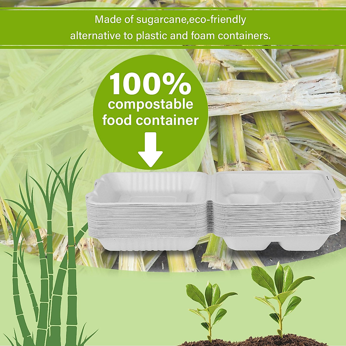 greensight Compostable Take Out Food Container 8X8, 100 Pack 3 Compartment Clamshell Food Container, Disposable To Go Food Boxes, Biodegradable Food Containers Made of White Sugar Cane Fibers