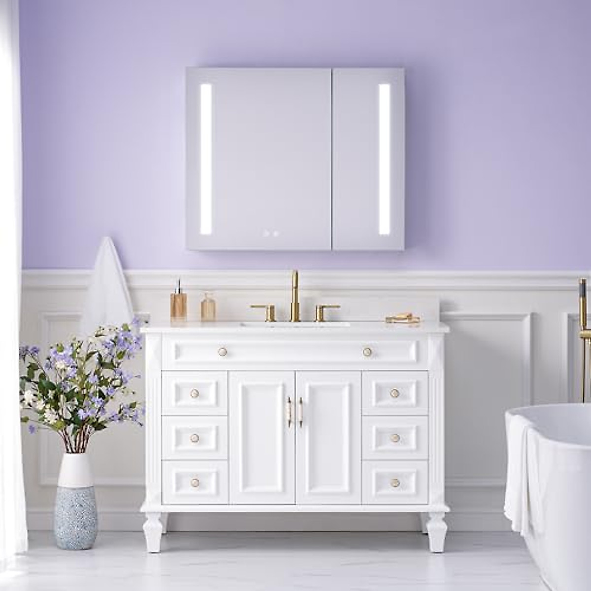 WELLFOR 36" X 30" LED Medicine Cabinet with Mirror, Double Opening Door, Recessed or Surface Cabinet Mirror, Bathroom Mirror Cabinet, Medicine Cabinet with Lights with Outlets & USB Ports