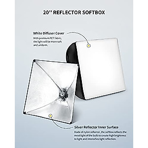 RALENO Softbox Lighting Kit, Softbox Photography Light with 50W 5500K LED Bulbs, 20''X20'' Reflector Lighting for Photoshoot and Video Recording