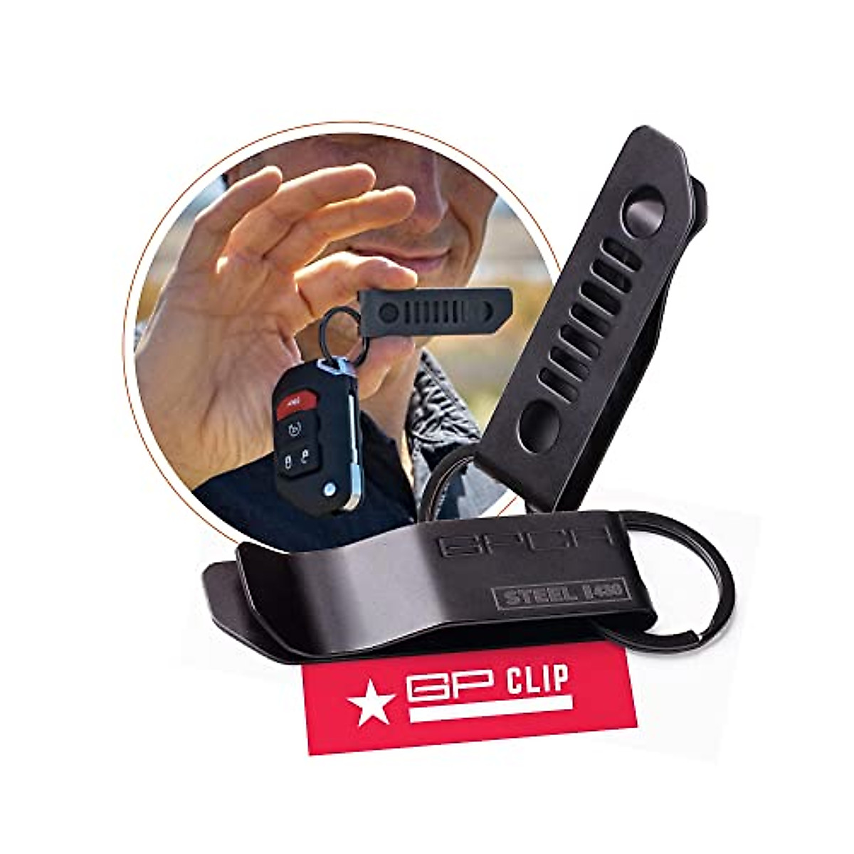 GPCA - GP Money Clip, Belt Key Holder, Heavy-Duty Keychain Clip for Outdoor and Daily Use, Handy 7 Slot Wrangler Grill Pattern, Stainless Steel, Gift for Jeep Enthusiast Dad - Jet Black