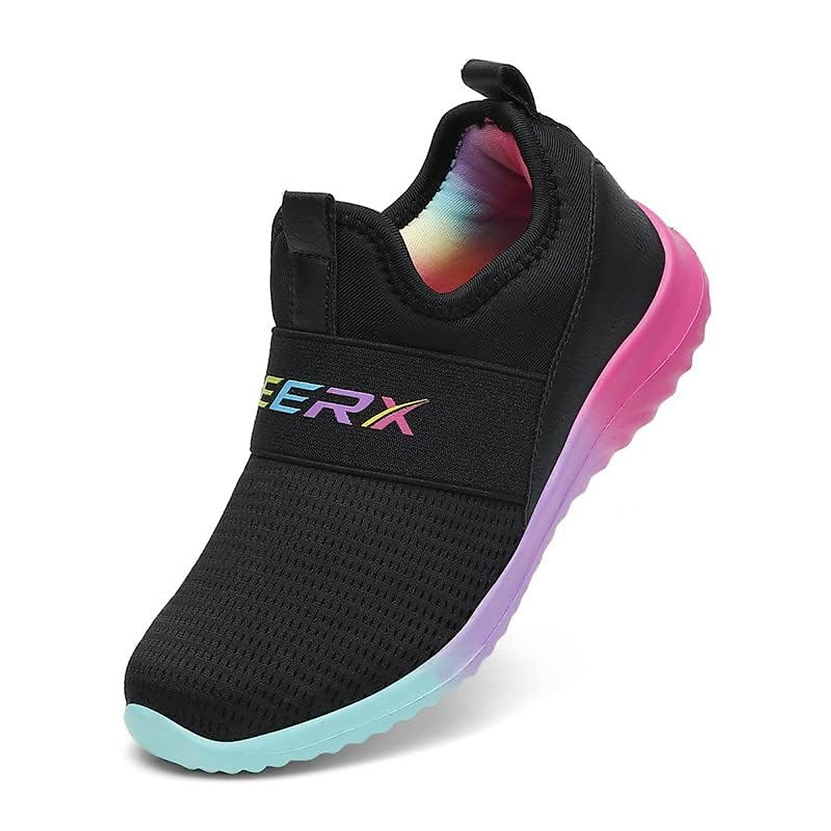 GEERX CARA Girls Slip On Athletic Sneaker Lightweight Sport Walking Running Tennis Shoe (Toddler/Little Kid/Big Kid) Black Rainbow Size 2