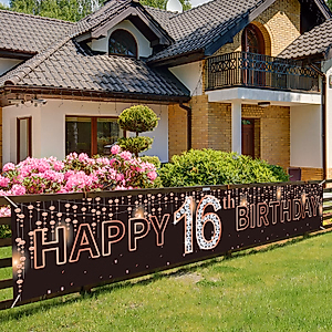 Luxiocio Happy 16th Birthday Banner Decorations Supplies for Girl, Rose Gold 16 Year Old Birthday Party Decor, Happy Sixteen Birthday Sign for Outdoor Indoor(9.8ft x 1.6ft)