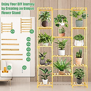 Plant Stand Indoor Outdoor,Yuego 13 Tier Bamboo Plant Stand 56in Tall Plant Stand Adjustable Shape Plant Stands Indoor With One Top Hanging Rod Multiple Usage 100% Bamboo Shelf For Patio Garden Corner Balcony Living Room