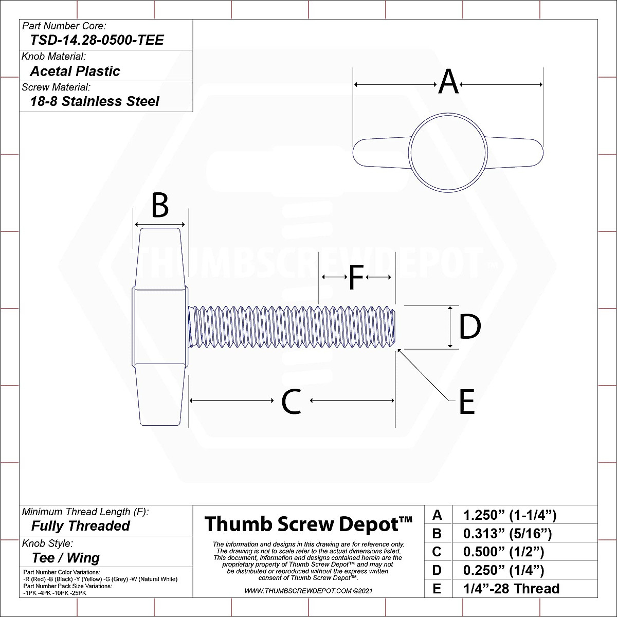 1/4"-28 x 1/2" Thumb Screw Stainless Steel - Black Tee Wing Plastic Knob - Fine Thread Thumbscrew - Length: 0.500" - Proudly Built in USA - Package of (4)