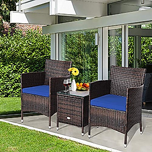 HAPPYGRILL 3 Piece Patio Furniture Set Outdoor Rattan Wicker Conversation Set with Coffee Table Chairs & Thick Cushions Bistro Sets for Patio Garden Lawn Backyard Pool