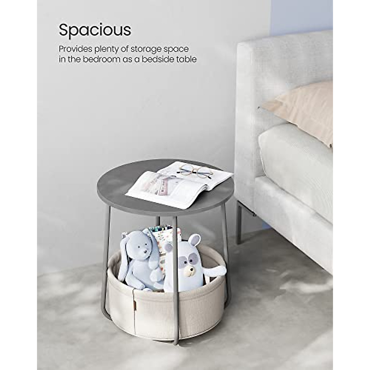 VASAGLE Small Round Side End Table, Modern Nightstand with Fabric Basket, Dove Gray, Classic White
