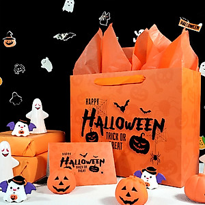 Halloween Trick or Treat Gift Bag with Greeting Card and Tissue Papers, 12.6" Reusable Halloween Paper Bag with Handles for Halloween Party Supplies