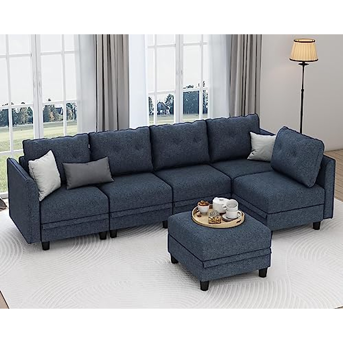 LLappuil Modular Sofa Sectioanl Couch with Storage, Convertible 6 Seater L Shaped Modular Chaise Sofa with Ottoman, Denim Blue