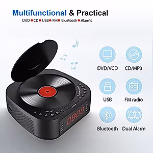 Kuephom CD Players for Home with Alarm Clock,Boombox CD Player with Bluetooth and Radio,DVD Players for TV,USB Ports for Playing and Charging,RCA ouput displaying Video and Picture,with Remote