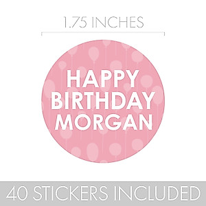 Personalized Happy Birthday Party Favor Stickers with Name - Custom Envelope Seals, Bag Stickers - 1.75 in. Round - 40 Labels (Light Pink)