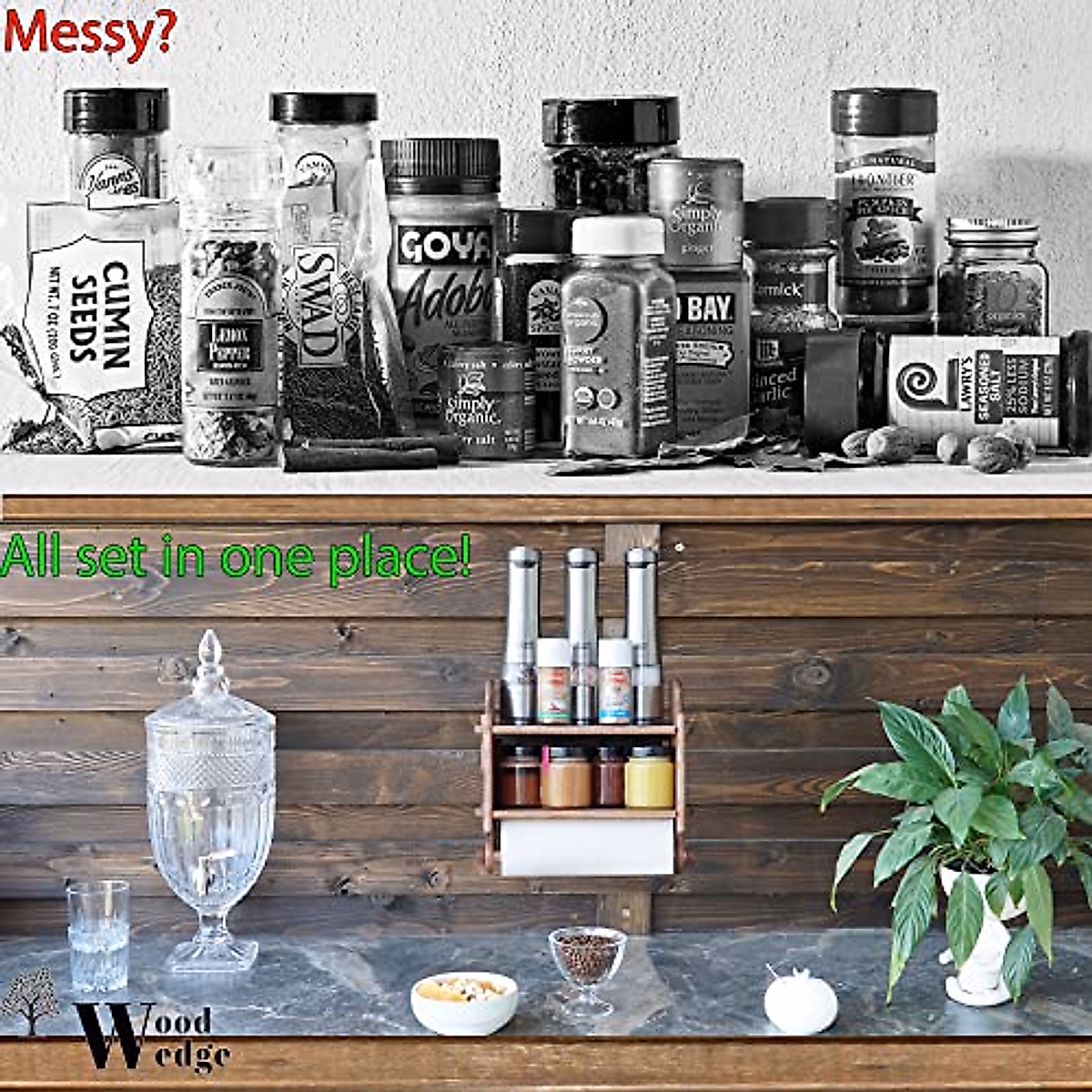 Wood Wedge, Premium 2-Tier Spice Rack, Wooden Shelf for The Wall Wooden Holder for Kitchen, Bathroom, Garage Organizer Made of Europa 100% Ash Wood with Metal Hooks, Shelf for Storage 11"x10.2"