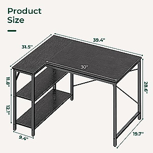 Huuger L Shaped Desk, 39 Inches Computer Desk with Reversible Storage Shelves, Gaming Desk, Corner Desk Home Office Desks, Writing Desk Study Desk with Metal Frame, Black