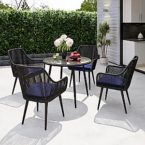 Patiorama 5-Piece Patio Dining Set, Outdoor Dining Table Chair Set, All-Weather Twisted Rattan Wicker Rope Conversation Set, Patio Furniture Set w/Umbrella Hole, 4 Cushioned Chairs&Glass Table(Blue)
