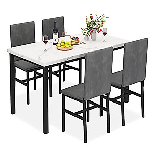 MIERE Dining Table Set for 4, 5-Piece Marble DiningTableSet with 4 Velvet Metal Frame Chairs for Kitchen, Bar, Living Room, Breakfast Nook, Small Space, 03 Gray
