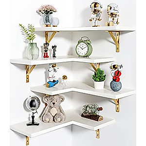 Seocry White Corner Floating Shelves Set of 4, Storage Shelves Wall Mounted with Gold Brackets, Wall Shelves Decor for Living Room, Bathroom, Kitchen, Bedroom, Nursery Room and Office (Gold-White)