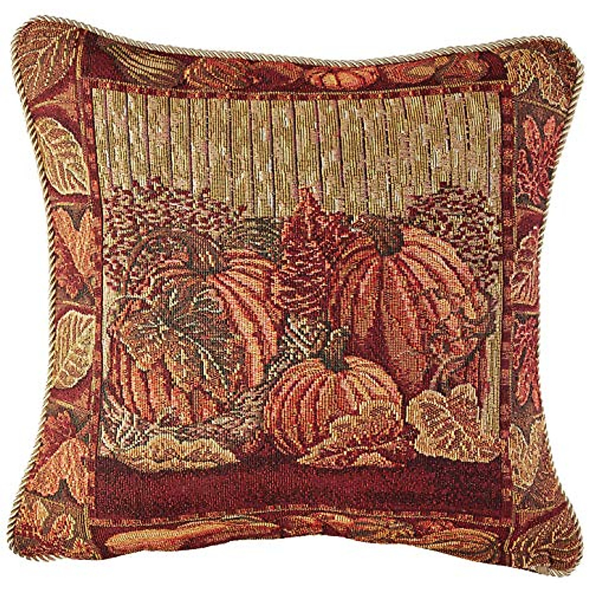 Violet Linen Incorporated Fall Harvest Collection-Tapestry Pumpkins and Autumn Leaves Design Throw-Pillows, 18" X 18"