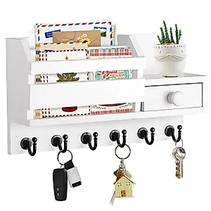 VIS'V Key Holder Wall Mount, Wooden Key Mail Holder with Drawer Key Organizer Mail Sorter with 6 Key Hooks Key Rack with Shelf for Entryway Doorway Hallway - White