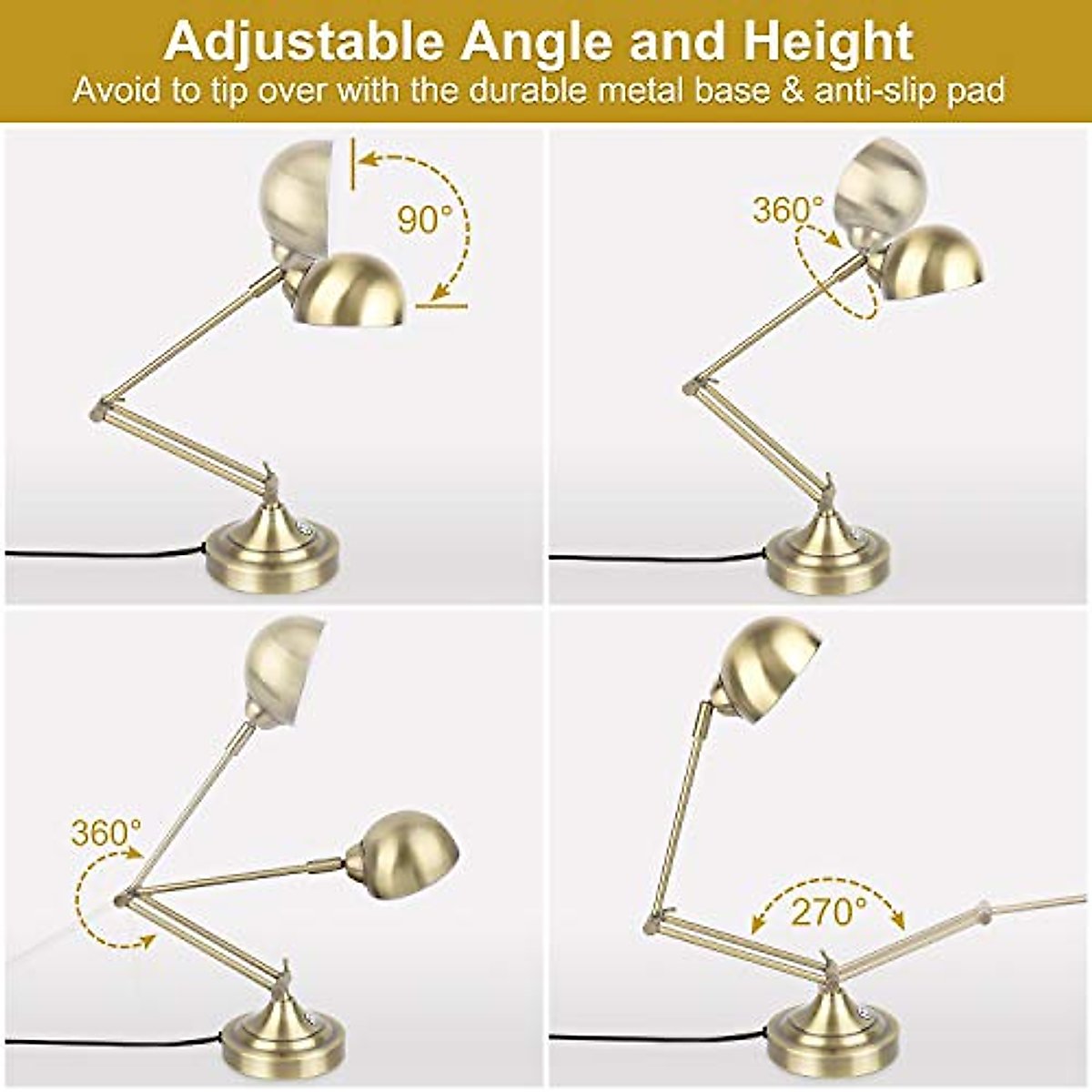 Mlambert 3-Color in 1 LED Desk Lamp with USB Charging Port, Swing Arm, Fully Dimmable, Eye-Caring Task Lamp, Touch Control Brass Metal Architect Drafting Table Lamp for Bedside, Office, Work, Reading