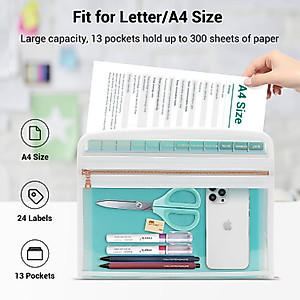Mukawa 13 Pocket Expanding File Folder, Zipper Accordion File Folder, Expandable Folder with Customized Labels, Document Organizer for School Kids, Office Paper Organizer, Letter Size (Green)