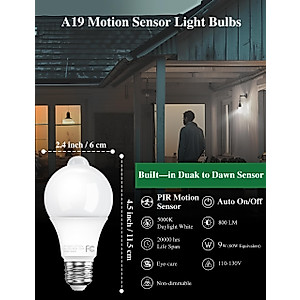 Motion Sensor Light Bulbs Outdoor, 9W (60 Watt Equivalent) 800LM, 4-Pack A19 Security LED Bulb 5000K Daylight White, E26 Motion Activated LED Bulb, for Front Door Porch Garage Basement Hallway