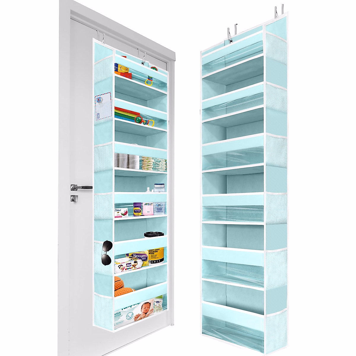 HOMELUX THEORY 1 PC Heavy Duty Over the Door Organizer 55x14x6.7, 6 Large Front & 12 Side Pockets, Hanging Storage Closet Door Organizer for Bedroom, Bathroom and Baby Nursery Storage (Baby Blue)