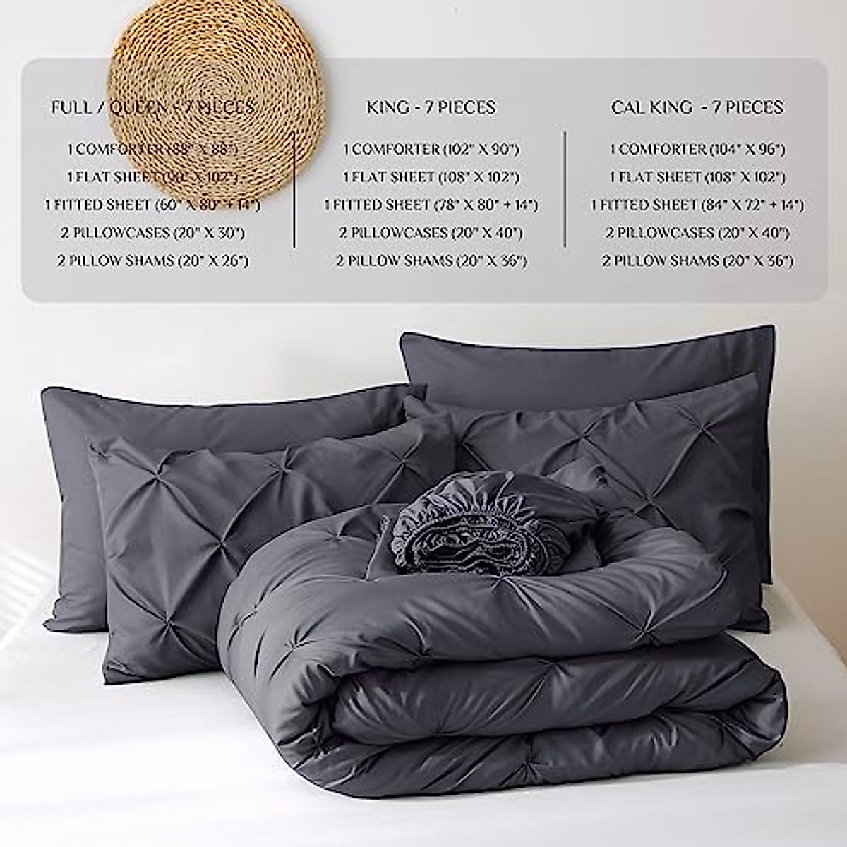 JOLLYVOGUE Bed in a Bag 7-Pieces, Dark Grey Queen/Full Comforter Set for All Season, Pintuck Bedding Sets with 1 Comforter, 1 Flat Sheet, 1 Fitted Sheet, 2 Pillowcases & 2 PillowShams
