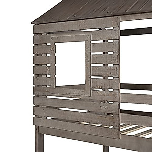 HYC Twin Over Twin Bunk Bed for Kids Toddlers, Wooden Bunk Bed with Slide and 2 Storage Drawers, House-Shaped Bunk Bed for Girls Boys,Gray