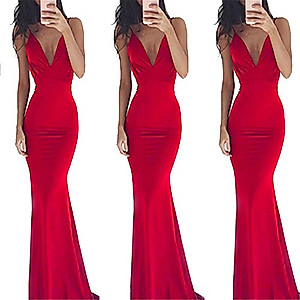 Andongnywell Women Sexy Spaghetti Strap Mermaid Evening Maxi Dress V Neck Long Formal Evening Gown Dress (Red,Large)