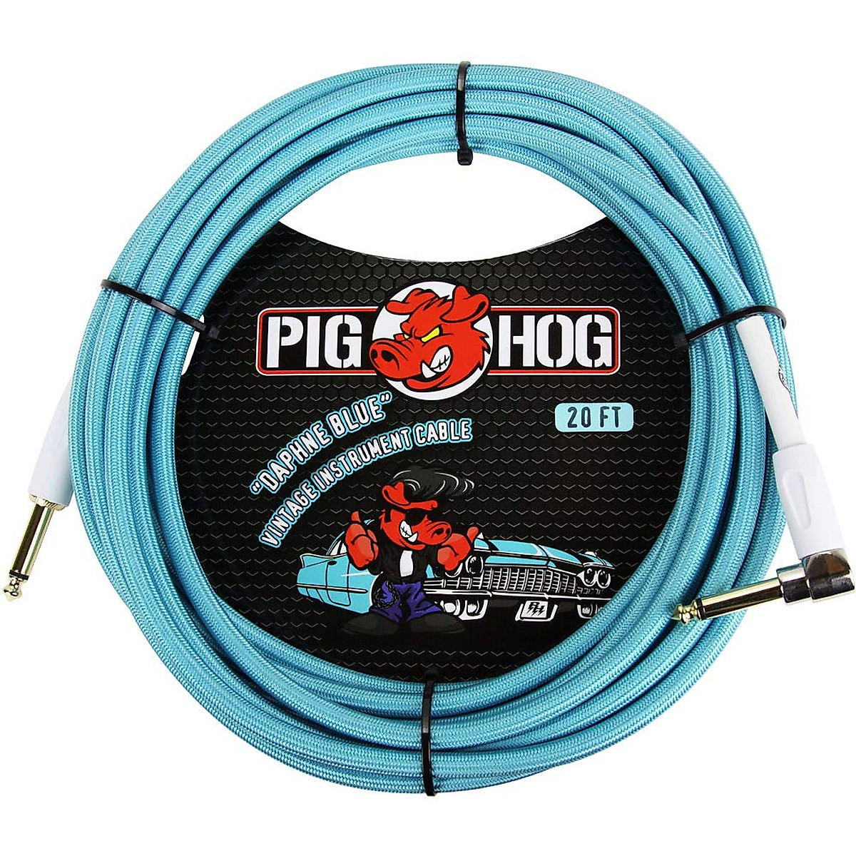 Pig Hog Vintage-Series Woven Instrument Cable (Daphne Blue, 20', Right Angle), 2-Pieces Bundle