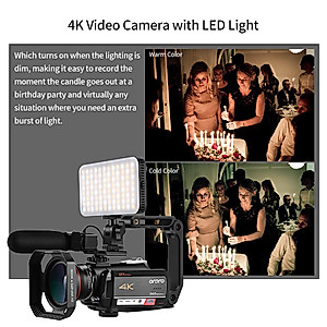 ORDRO 4K Video Camera Camcorder AC5 UHD Camcorder with 12x Optical Zoom 3.1" IPS HD 1080P 60FPS Digital WiFi Vlog Camera Camcorder with Microphone, Video Light, Wide Angle Lens and 64G SD Card