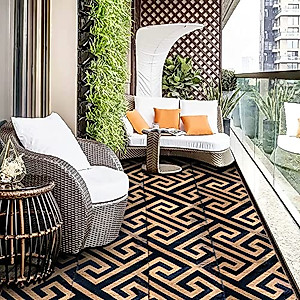 GARTOL Waterproof Indoor Outdoor Rug, Reversible Modern Area Rug Mat, Geometric Square Maze Pattern Plastic Straw Rug for RV, Patio, Backyard, Pool Deck, Picnic, Beach, Camping (5x8 Ft, Black & Brown)