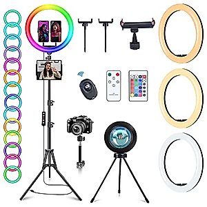 WisaKey 13" RGB Ring Light with 63" Stand and 2 Phone Holders, Tablet iPad Holder, Sunset Lamp, 51 Color Modes Selfie Ringlight with Desk Tripod, Halo Ring Light for TikTok/Live Stream/Makeup/YouTube
