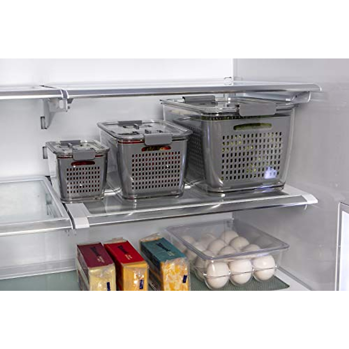 Kitchen Spaces Gray Colander Bin Variety Pack, Fridge Organizers, Produce Storage, Keep Vegetables Fresh, Lettuce, Grape or Strawberry Holder, Three Sizes