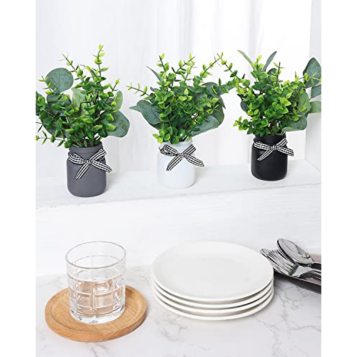 Nefelibata Farmhouse Mini Mason Jar Decor for Tiered Tray with Artificial Eucalyptus Leaves Small Floral Arrangement Rustic Faux Plants for Home Kitchen Office Desk Black White Small Greenery Set of 3