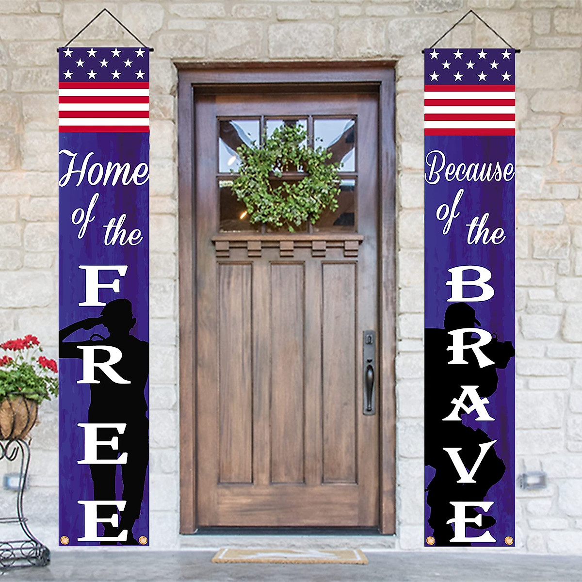 American Flag Patriotic Soldier Free&Brave Porch Banner,Patriotic Hanging Banner for Memorial Day Independence Day Veterans Day Yard Indoor Outdoor Decor