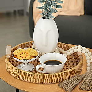 8 Pcs Boho Farmhouse Coffee Table Tray Set 11 Inch Wicker Rattan Serving Tray with Handles Round Rattan Tray Basket Wood Bead Garland with Tassels 6 Artificial Eucalyptus Leaves for Home Fall Decor