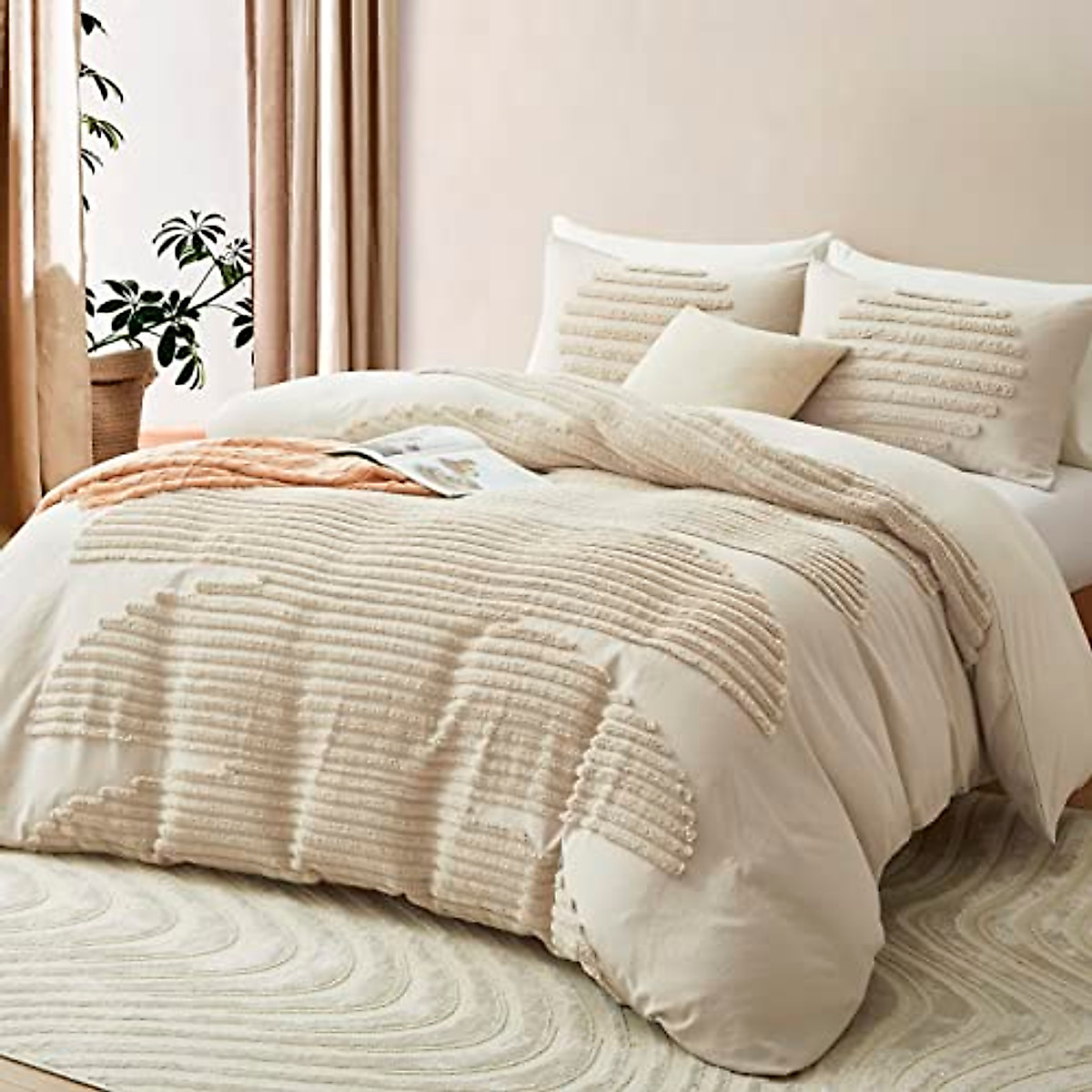 BEDAZZLED Duvet Cover King Size, 3 Pieces Boho Bedding Sets for Shabby Chic Home, Tufted and Soft Comforter Cover Set, Beige