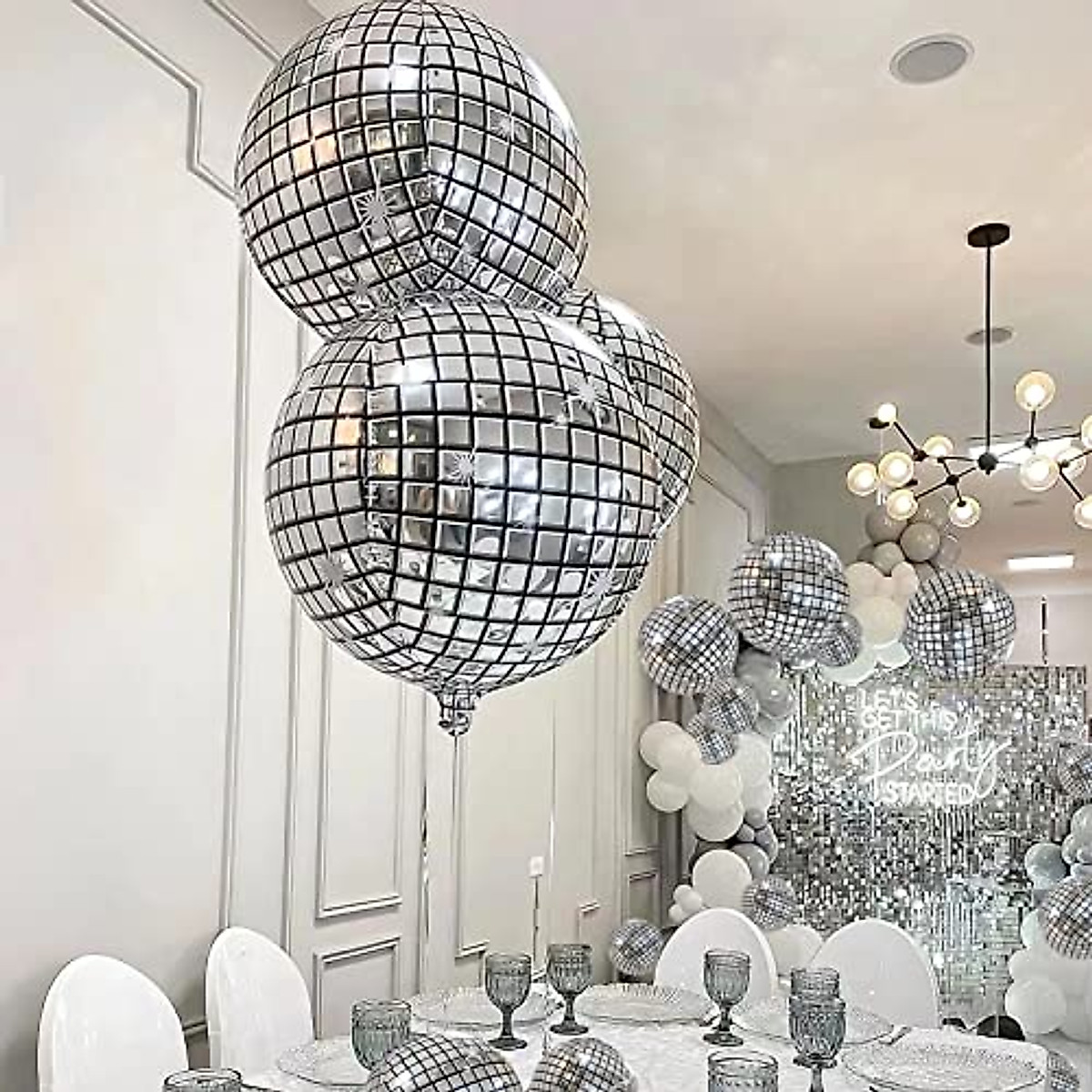 20Pcs Disco Ball Balloons Different Sizes- 4D Large Disco Balloons 32” 22” 10 Inch Assorted Round Metallic Silver Disco Mylar Balloons for 70s 80s Disco Themed Birthday New Year's Party Decor Supplies