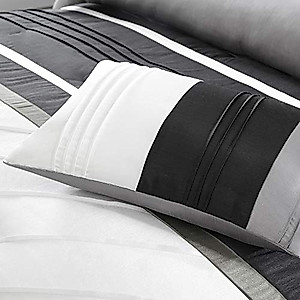 Madison Park Blaire Cozy Comforter Set-Luxurious Faux Silk Traditional Pieced Design All Season Down Alternative Bedding with Matching Shams, Decorative Pillow, Queen (90 in x 90 in), Grey 7 Piece