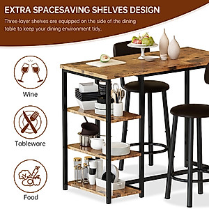 LTTROMAT Kitchen Dining Table Set for 2, Bar Table and Chairs Set with 3 Storage Shelves, Tall Dining Table with 2 PU Leather Backrest Stools for Small Space, Kitchen Island, Apartment, Brown