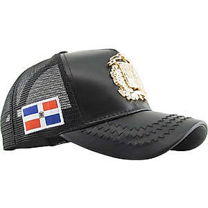 KBVT-DR001 BLK (GLD) Dominican Republic Gold Badge Wolf Rooster Tuna Trucker Cap Adjustable Snapback Hat