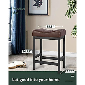 KATDANS Bar Stools Set of 2-Counter Height Stools - 24 Inch Saddle Stool - PU Leather Kitchen Stools - Brown/Black - Metal Base, KS861P-B